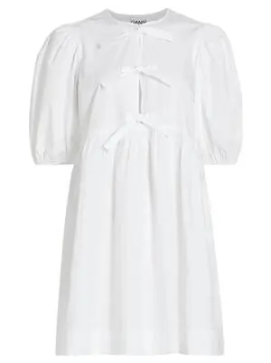 GANNI Poplin Bow Short-sleeve Minidress Bright White
