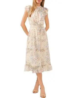CECE DUPRAZ Floral Ruffle Midi Dress - Egret