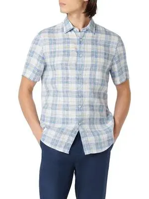 Bugatchi Orson Shaped Fit Short Sleeve Linen Button-up Shirt - Classic Blue