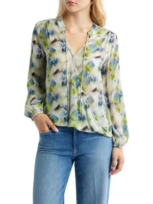 APNY Print Tassel Surplice Chiffon Top - Green/blue Multi