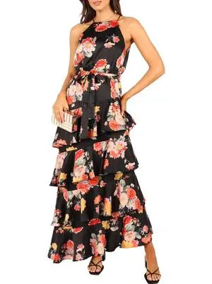 PETAL & PUP Sarona Floral Belted Maxi Dress - Black Floral