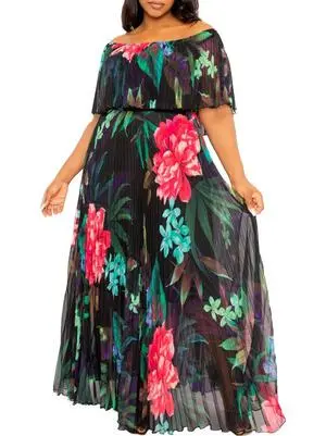 BUXOM COUTURE Floral Pleated Off-the-shoulder Maxi Dress - Black Multi