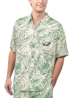 MARGARITAVILLE Tan Philadelphia Eagles Sand Washed Monstera Print Party Button-up Shirt - Cream