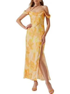 Astr The Label ASTR The Label Kitura Abstract Print Cold Shoulder Dress Orange Yellow Print