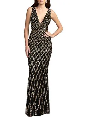 Mac Duggal Sequined Plunge Neck Sleeveless Gown - Black