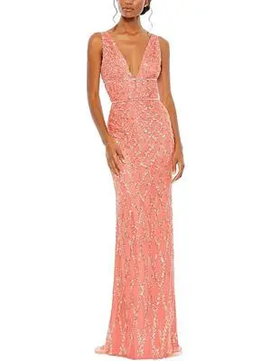 Mac Duggal Sequined Plunge Neck Sleeveless Gown - Coral