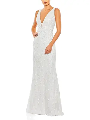 Mac Duggal Mac Duggal Sequined Plunge Neck Sleeveless Gown White