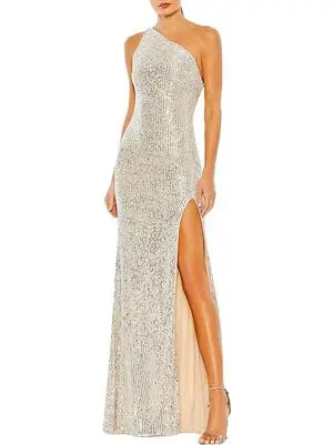 Mac Duggal Sequined One Shoulder Gown - Silver
