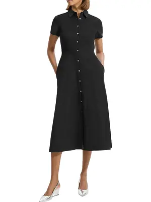 Theory Linen-Blend Short-Sleeve Midi Shirt Dress Black