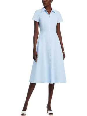 Theory Linen-Blend Short-Sleeve Midi Shirt Dress Skylight