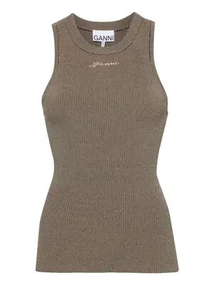 GANNI Logo-embroidered Knitted Tank Top - Green