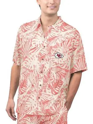 MARGARITAVILLE Tan Kansas City Chiefs Sand Washed Monstera Print Party Button-up Shirt - Cream