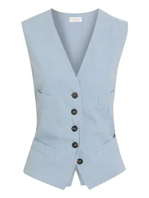 Brunello Cucinelli Linen-blend Vest With Bead Embellishments - Light Blue