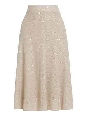 Brunello Cucinelli Sequin-embellished Crochet-knit Linen, Cashmere, And Silk-blend Midi Skirt - Beige