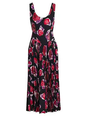 Marni Pleated Floral-print Crepe Midi Dress - Black