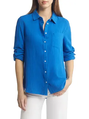 Caslon CASLON(R) Casual Gauze Button-Up Shirt Blue Marmara