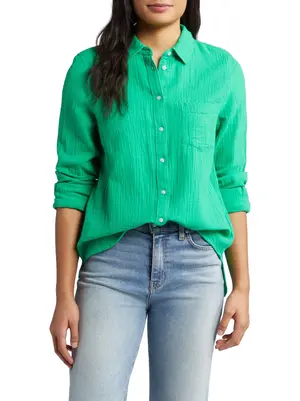 Caslon CASLON(R) Casual Gauze Button-Up Shirt Green Bright
