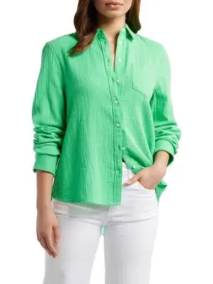 Caslon CASLON(R) Casual Gauze Button-Up Shirt Green Celtic