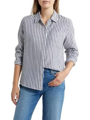 Caslon CASLON(R) Casual Gauze Button-Up Shirt Navy- White Brianne Stripe
