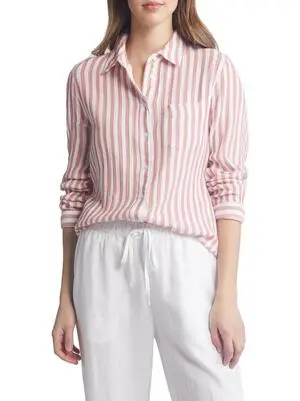 Caslon CASLON(R) Casual Gauze Button-Up Shirt Pink C- White Katie Stripe
