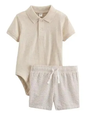 Nordstrom Cotton Polo Bodysuit & Shorts Set - Beige Oatmeal - Tan Stripe