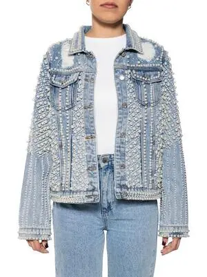 AZALEA WANG Imitation Pearl Denim Trucker Jacket - Blur