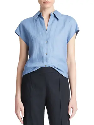 Vince Linen Cap-Sleeve Shirt Azure Gem