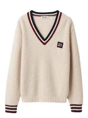 Miu Miu Cashmere Jumper With Stripe Trim - Neutrals