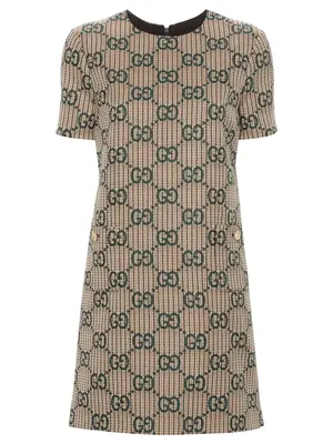 Gucci Gg-jacquard Wool Dress - Neutrals