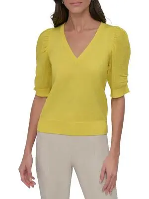 Dkny Puff Sleeve V-neck Sweater - Daffodil
