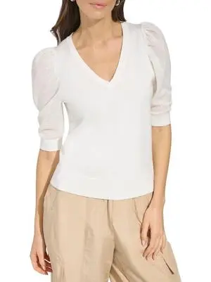 Dkny Puff Sleeve V-neck Sweater - Ivory