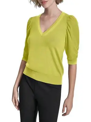 Dkny Puff Sleeve V-neck Sweater - Limeade
