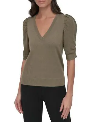 Dkny Puff Sleeve V-neck Sweater - Utility Green