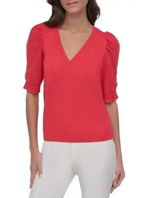 Dkny Puff Sleeve V-neck Sweater - Watermelon