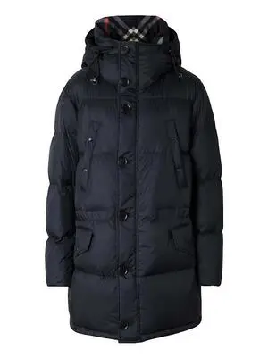 Burberry Check Hooded Puffer Long Down Jacket - Navy Blue