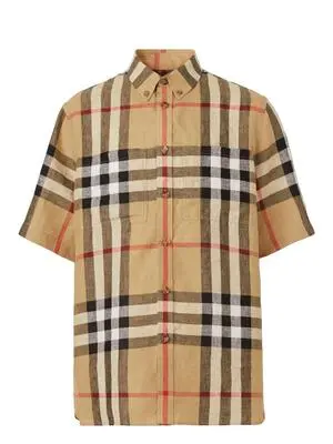 Burberry Check Linen Oversized Shortsleeve Shirt - Archive Beige