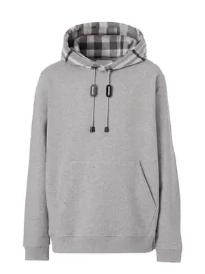Burberry Check Hood Cotton Hoodie - Pale Grey Melange