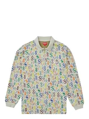 Supreme Currency Jacquard Zip Long Sleeve Polo - White