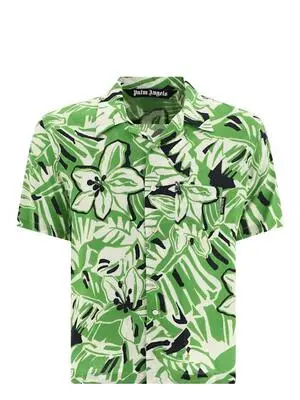 Palm Angels Macro Hibiscus Floral Print Shortsleeved Shirt - Green/white