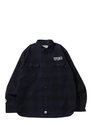 A BATHING APE Check Shark Relaxed Fit Flannel Shirt - Navy Blue