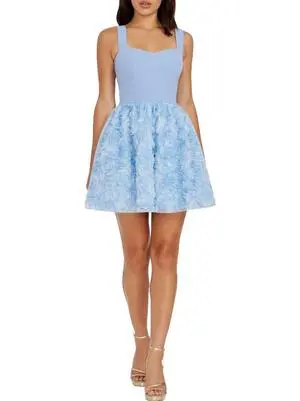 Dress The Population Melanie Floral Appliqué Mixed Media Minidress - Sky Multi