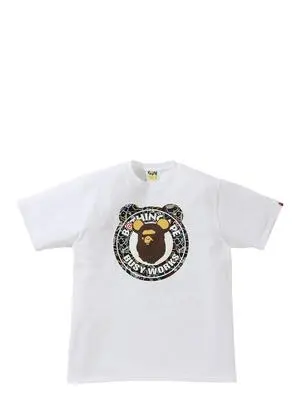 A BATHING APE X Bearbrick Camo Bear Busy Works Tee Shirt White Black