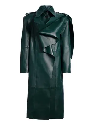 MUGLER Leather Trench Coat With Scarf - Dark Green