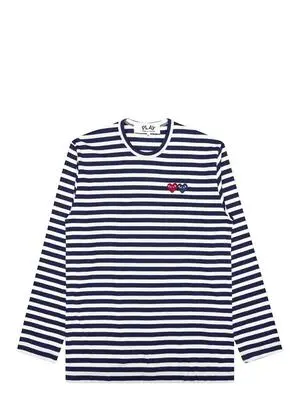 Play Comme Des Garcon Double Heart Striped Long Sleeve T-shirt - Navy Blue/white
