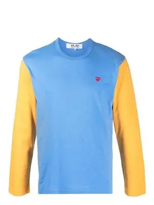 Play Comme Des Garcon Embroidered Logo Colour Blocked Long Sleeve Tee Shirt - Blue/yellow