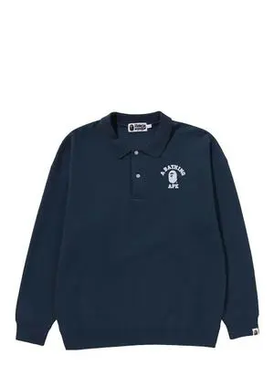 A BATHING APE College Long Sleeve Polo Shirt - Navy Blue