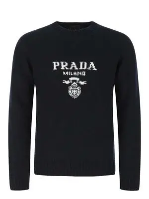 Prada Intarsia Logo Knit Crewneck Sweater - Black