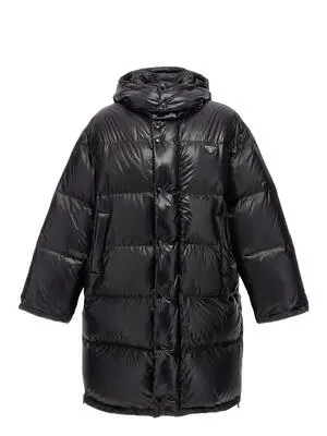 Prada Padded Coat With Logo Plaque - Black