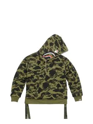 A BATHING APE Military Rock Star 1st Camo Shark Sherpa Pullover Hoodie Green
