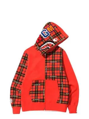 A BATHING APE Logo Check Shark Full Zip Hoodie - Red